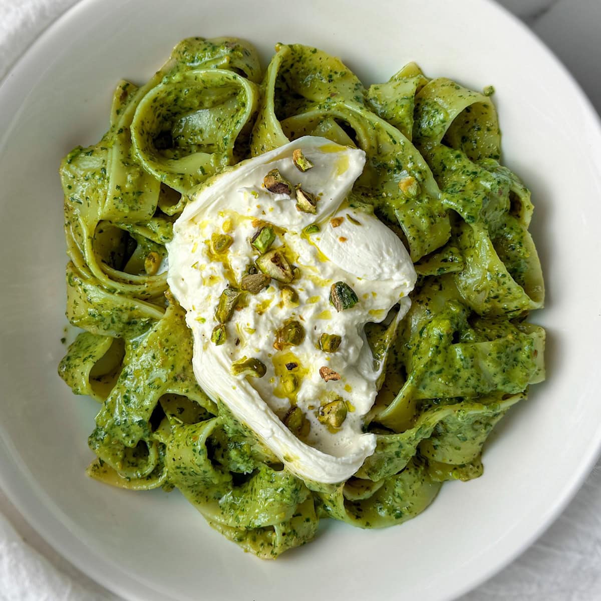 Pistachio Pesto Pasta with Burrata - Crafty Cookbook